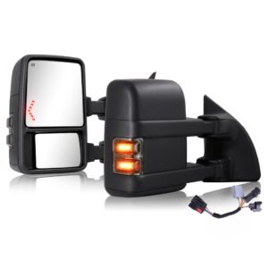 towing mirrors compatible with 1999-2016 f250 f350 f450 f550 super duty truck pickup side tow mirrors, power heated extendable manual telescoping&folding pair arrow turn signal lights smoke