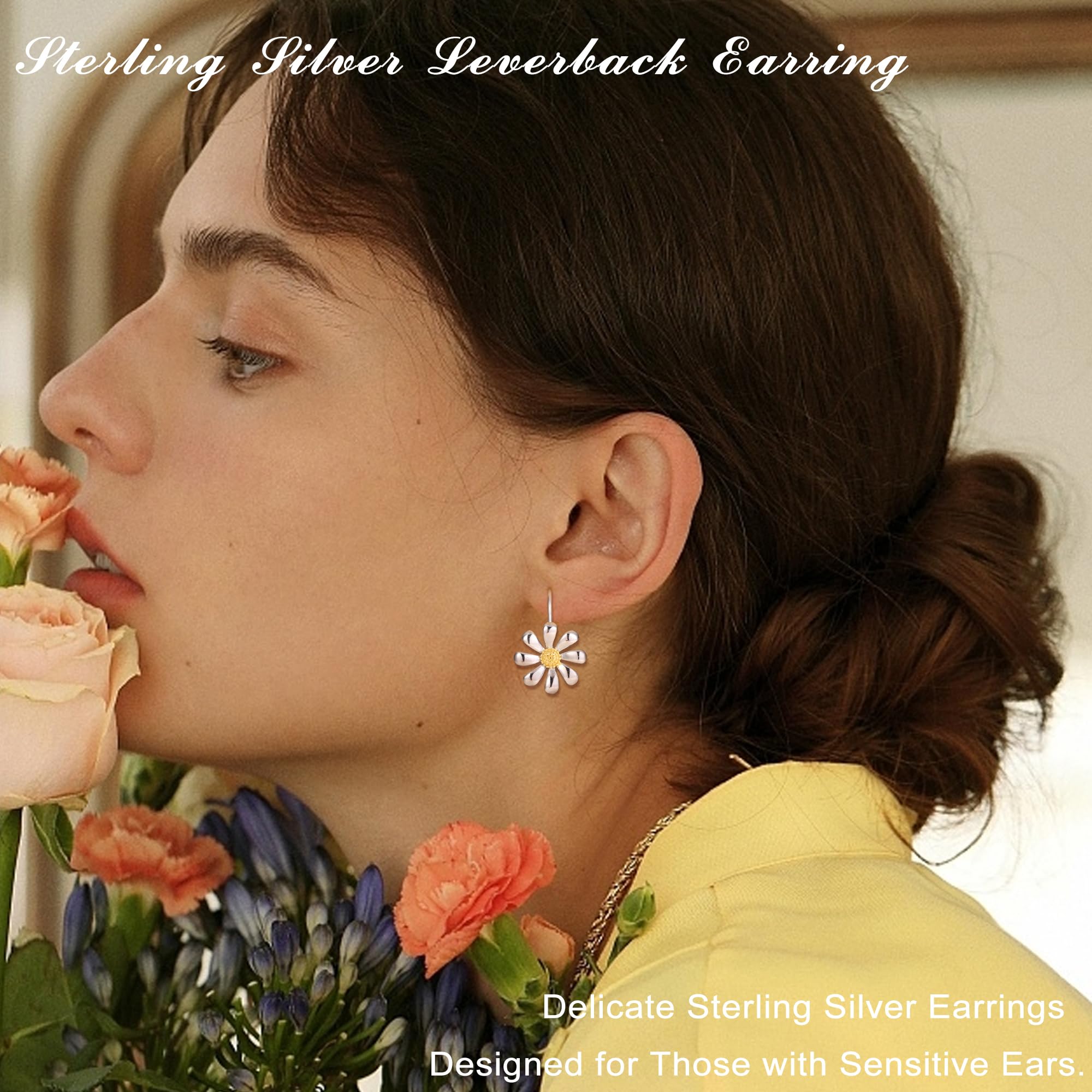 MILACOLATO 925 Sterling Silver Daisy Earrings 18K White Gold Plated Leverback Earrings Dainty Daisy Flower Drop Dangle Earrings Hypoallergenic Daisy Flower Jewelry Gifts for Women for Sensitive Ears-1