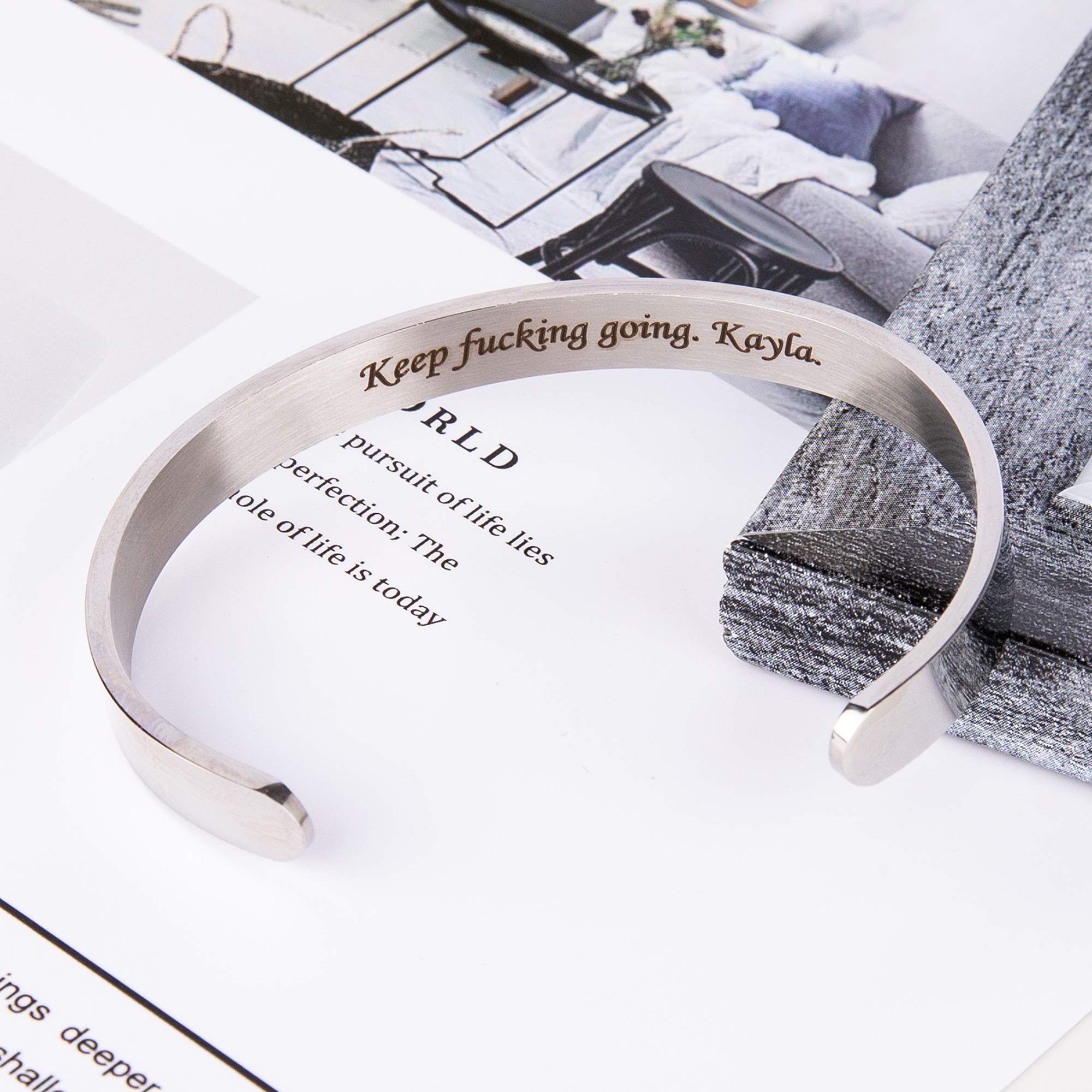 8MM Personalized Inspirational Bracelet Custom Engraved Name Mantra Quote Any Message Bangle Cuff Customizable(Silver Customizable)