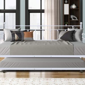 Modern Daybed with a Trundle Twin Size,Daybed Metal Frame with Pullout Trundle for Kids Teens and Adults, No Box Spring Needed,White Gray