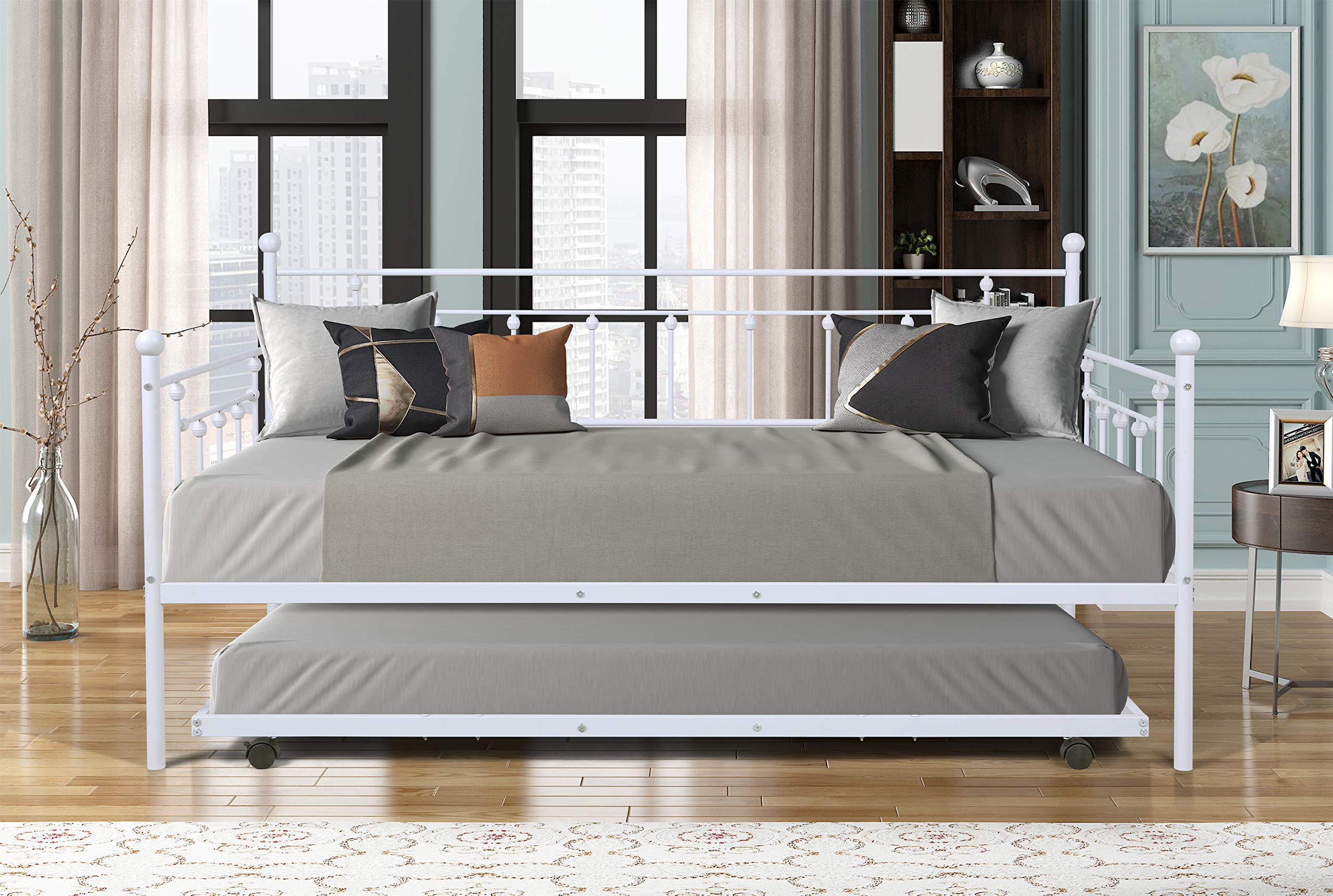 Modern Daybed with a Trundle Twin Size,Daybed Metal Frame with Pullout Trundle for Kids Teens and Adults, No Box Spring Needed,White Gray