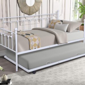 Modern Daybed with a Trundle Twin Size,Daybed Metal Frame with Pullout Trundle for Kids Teens and Adults, No Box Spring Needed,White Gray