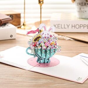 Liif Teacup Easter Bunny Gift 3D Greeting Pop Up Easter Card, Happy Easter Card For Kids, Grandson, Granddaughter, Children, Boy, Girl - Cute, Funny, Religious | With Envelop