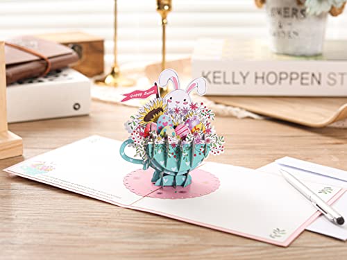 Liif Teacup Easter Bunny Gift 3D Greeting Pop Up Easter Card, Happy Easter Card For Kids, Grandson, Granddaughter, Children, Boy, Girl - Cute, Funny, Religious | With Envelop