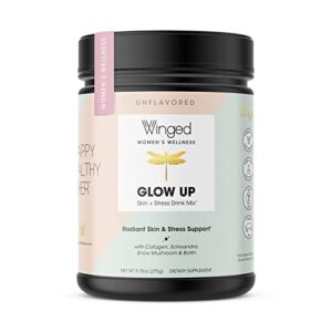 Winged Glow Up Collagen Powder | Better Hair, Skin, Nails for Women | Grass Fed Collagen Peptides w/Adaptogen Schisandra, Snow Mushroom, Vitamin C & Biotin | Unflavored (25 Servings), NON GMO