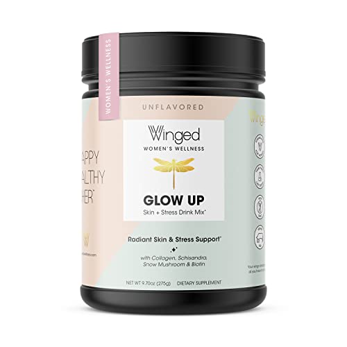 Winged Glow Up Collagen Powder | Better Hair, Skin, Nails for Women | Grass Fed Collagen Peptides w/Adaptogen Schisandra, Snow Mushroom, Vitamin C & Biotin | Unflavored (25 Servings), NON GMO