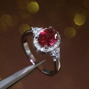 Sdouefos 925 Sterling Silver Red Created Oval Ruby Micro-inlaid Zircon Women's Engagement Ring(US Code 9)