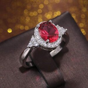 Sdouefos 925 Sterling Silver Red Created Oval Ruby Micro-inlaid Zircon Women's Engagement Ring(US Code 9)