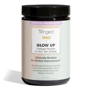 winged glow up collagen powder | better hair, skin, nails for women | grass fed collagen peptides w/adaptogen schisandra, snow mushroom, vitamin c & biotin | unflavored (25 servings), non gmo