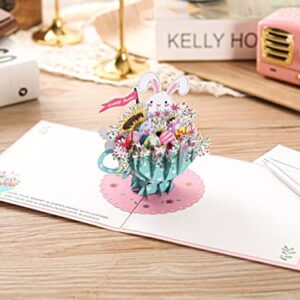 Liif Teacup Easter Bunny Gift 3D Greeting Pop Up Easter Card, Happy Easter Card For Kids, Grandson, Granddaughter, Children, Boy, Girl - Cute, Funny, Religious | With Envelop