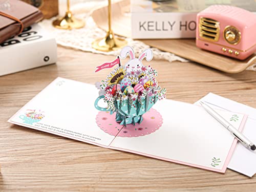 Liif Teacup Easter Bunny Gift 3D Greeting Pop Up Easter Card, Happy Easter Card For Kids, Grandson, Granddaughter, Children, Boy, Girl - Cute, Funny, Religious | With Envelop