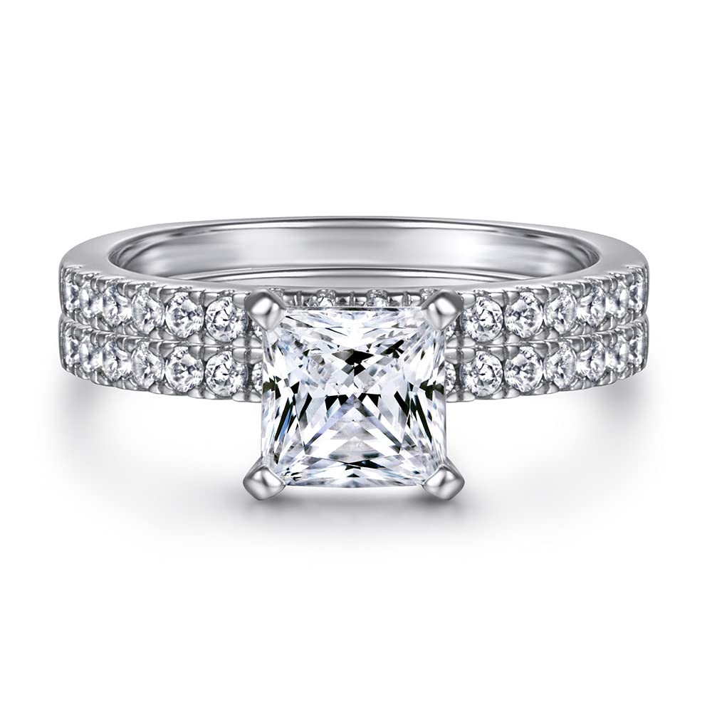 Princess Cut Wedding Ring Sets for Women Bridal Sets Engagement Ring Set with 1-1/2 Carat(ctw) Moissanite 925 Sterling Silver 10K 14K 18K Gold Free Engraving (925 Sterling Silver)