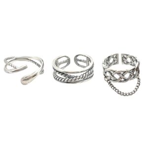 jemant ring for women adjustable silver hip hop kpop fashion twist chain rope unique 3 pc stacked ring set (silver)