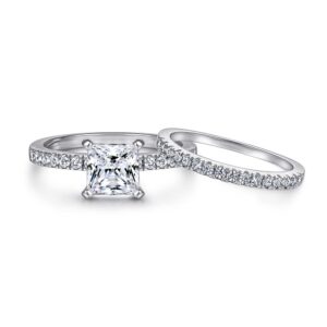 Princess Cut Wedding Ring Sets for Women Bridal Sets Engagement Ring Set with 1-1/2 Carat(ctw) Moissanite 925 Sterling Silver 10K 14K 18K Gold Free Engraving (925 Sterling Silver)