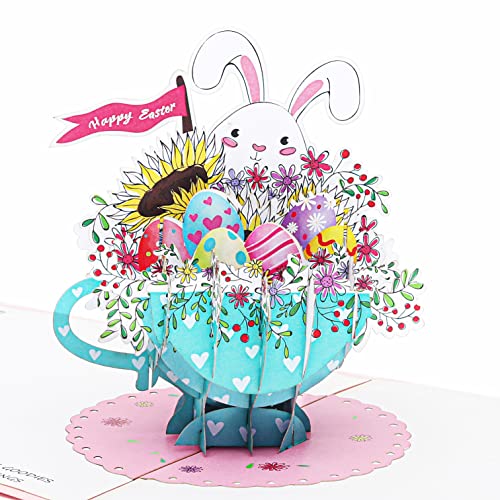 Liif Teacup Easter Bunny Gift 3D Greeting Pop Up Easter Card, Happy Easter Card For Kids, Grandson, Granddaughter, Children, Boy, Girl - Cute, Funny, Religious | With Envelop