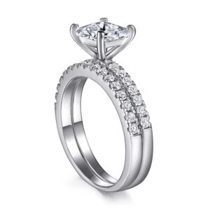 Princess Cut Wedding Ring Sets for Women Bridal Sets Engagement Ring Set with 1-1/2 Carat(ctw) Moissanite 925 Sterling Silver 10K 14K 18K Gold Free Engraving (925 Sterling Silver)