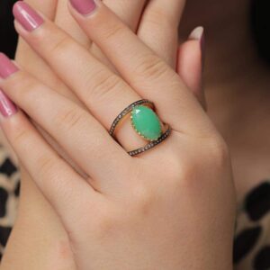 Real Chrysoprase Diamond Ring in Sterling Silver 925 With 14k Fine Gold Oval Shape With Natural Chrysoprase And 0.25 Carat Brown Natural Diamond (I2-I3 Clarity) Rings For Women