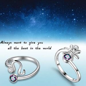 Adjustable Zodiac Sign Pisces Ring Celestial Ring with Mystic Rainbow Stone Ring for Women Boho Ring Genuine Silver February March Birthday Ring Horoscope Wedding Engagement Jewelry Ring FR0036Y