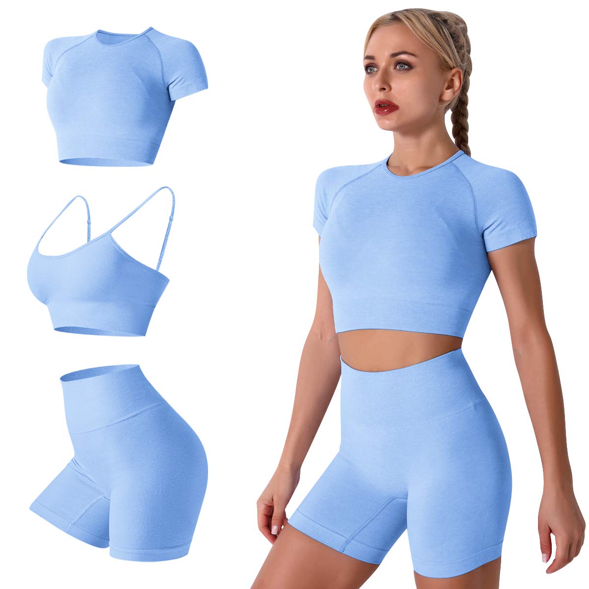 IWEMEK 3 Piece Workout Outfits for Women Seamless Yoga Short Sleeve Crop Tops Shirt High Waist Running Shorts with Sport Bra Sets Sport Suits Fitness Athletic Tracksuits 3pcs-light blue Medium