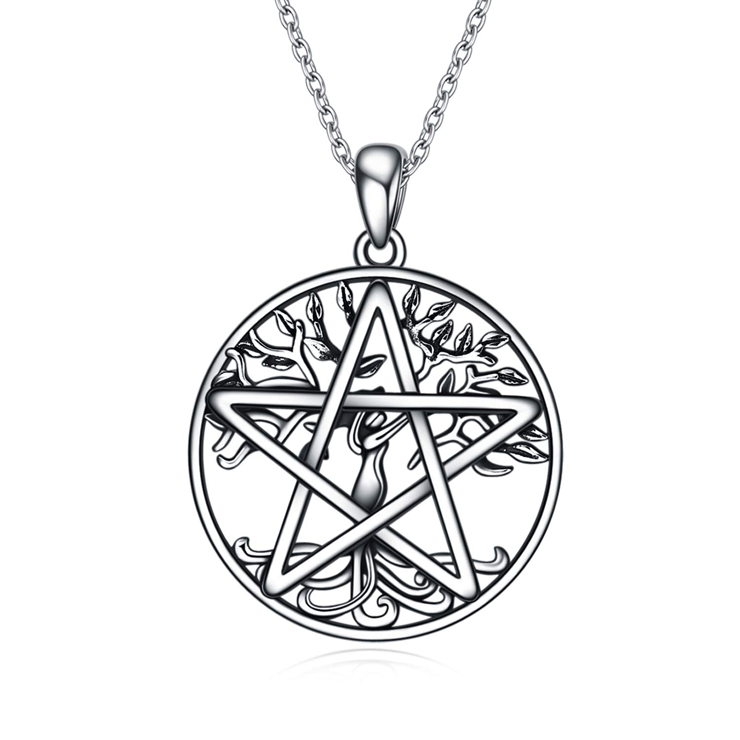 YFN Pentacle Pentagram Necklace Sterling Silver Tree of Life Pentacle Pentagram Pendant Necklace Pagan Witch Jewelry Gifts for Women Men