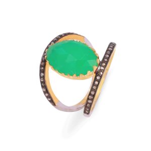 real chrysoprase diamond ring in sterling silver 925 with 14k fine gold oval shape with natural chrysoprase and 0.25 carat brown natural diamond (i2-i3 clarity) rings for women