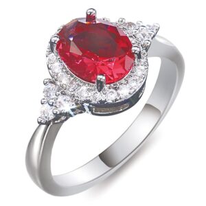 sdouefos 925 sterling silver red created oval ruby micro-inlaid zircon women's engagement ring(us code 8)