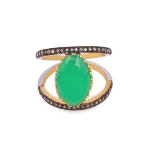 Real Chrysoprase Diamond Ring in Sterling Silver 925 With 14k Fine Gold Oval Shape With Natural Chrysoprase And 0.25 Carat Brown Natural Diamond (I2-I3 Clarity) Rings For Women