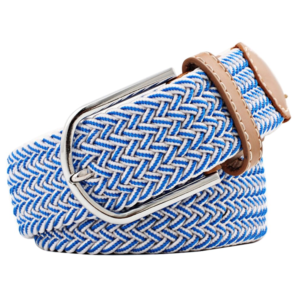 Huyfhksd Mixed Color Woven Stretch Braided Belts for Men and Women Fashion Elastic Belts, S, White and Blue