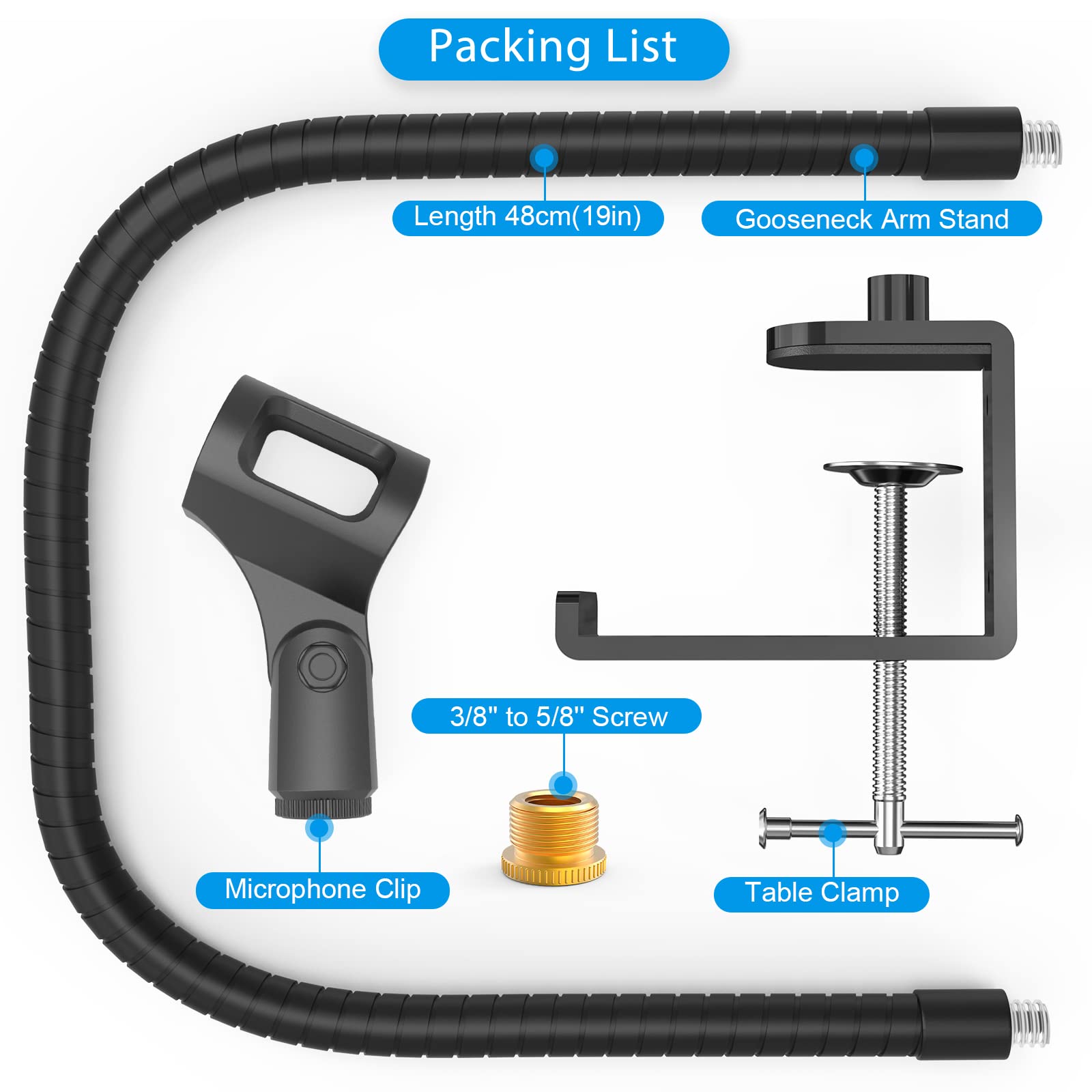 ZealSound Microphone Arm Stand,19 Inch Long Universal Gooseneck Desktop Mic Stand with 3/8" to 5/8" Adapter and Microphone Clip Holder, Upgraded Heavy Duty Desk Clamp for Blue Snowball Ice Mics Spark