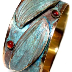 Elaine Coyne Wearable Art Verdigris Patina Brass Contemporary Leaves Cuff Bracelet - Amethyst, Carnelian, Garnet