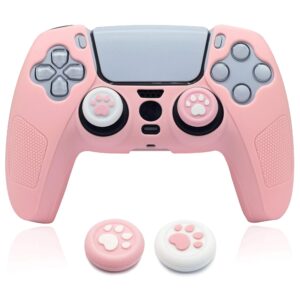 brhe skin for ps5 controller grip cover anti-slip silicone protector rubber case cute kawaii accessories set gamepad joystick shell with 2 thumb grip caps (full covered, pink)