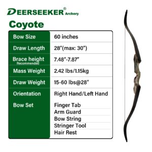 Deerseeker Archery 60" Takedown Recurve Bow Handmade Wooden Bow for Adults & Youth Beginners with Laminated Limbs Right/Left-Hand Riser Hunting Practice Target Shooting 20-60lbs