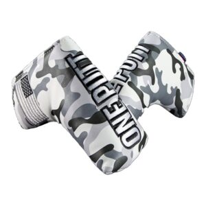 cmc design custom snow camo embroidered golf blade head cover - glove soft lining - design elements include applique and embossing - great fit for any club as golf head covers, blade putter cover