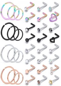 gadeaila 18g nose ring studs 18 gauge surgical steel l shaped nose studs nose rings hoop diamond heart hypoallergenic nostril piercing jewelry silver rose gold black rainbow nose jewelry