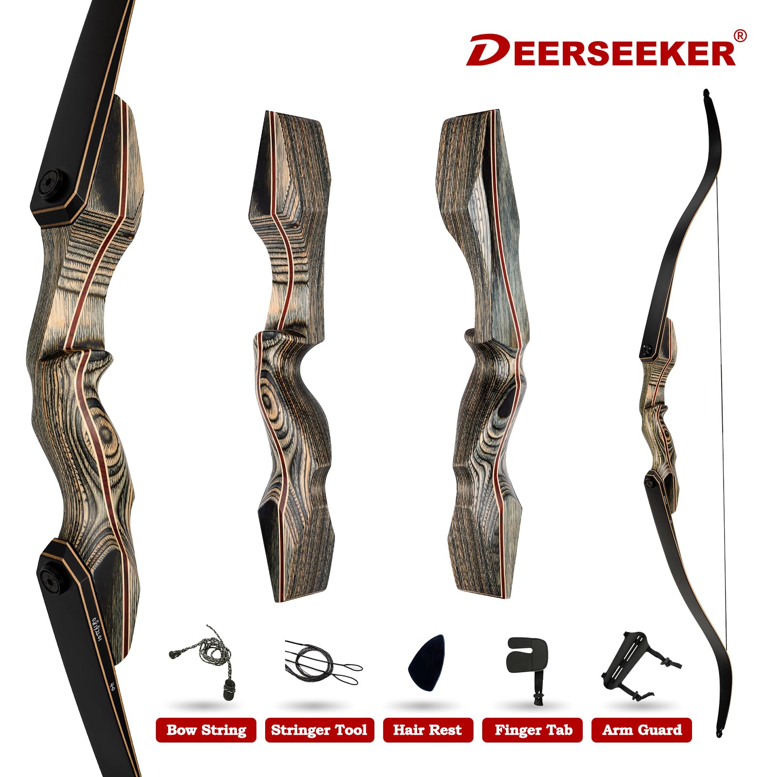 Deerseeker Archery 60" Takedown Recurve Bow Handmade Wooden Bow for Adults & Youth Beginners with Laminated Limbs Right/Left-Hand Riser Hunting Practice Target Shooting 20-60lbs