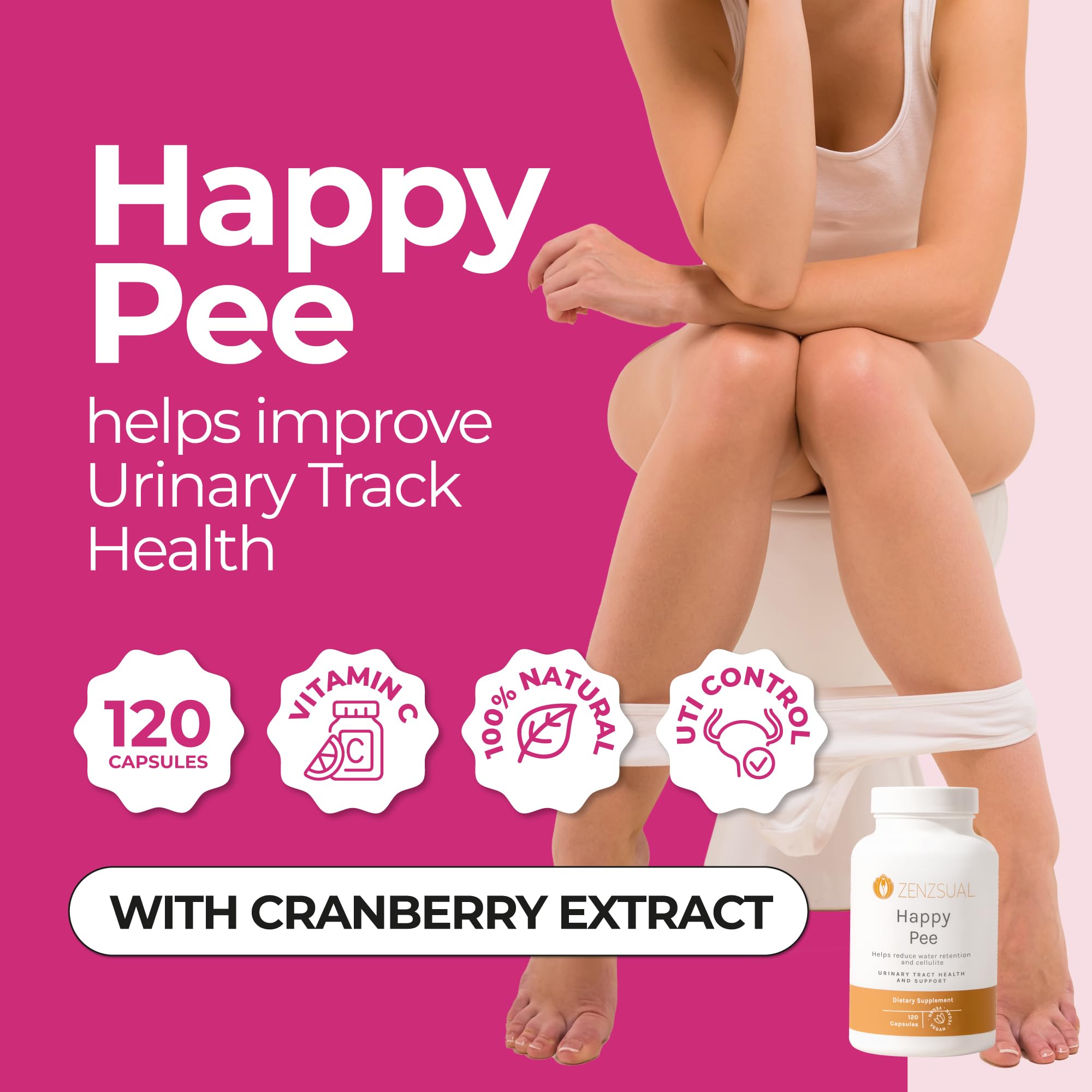 ZENZSUAL Happy Pee – Urinary Tract Support with Organic Cranberry and D-Mannose - Comprehensive UTI Pain Relief Support for Women - 120 Capsules