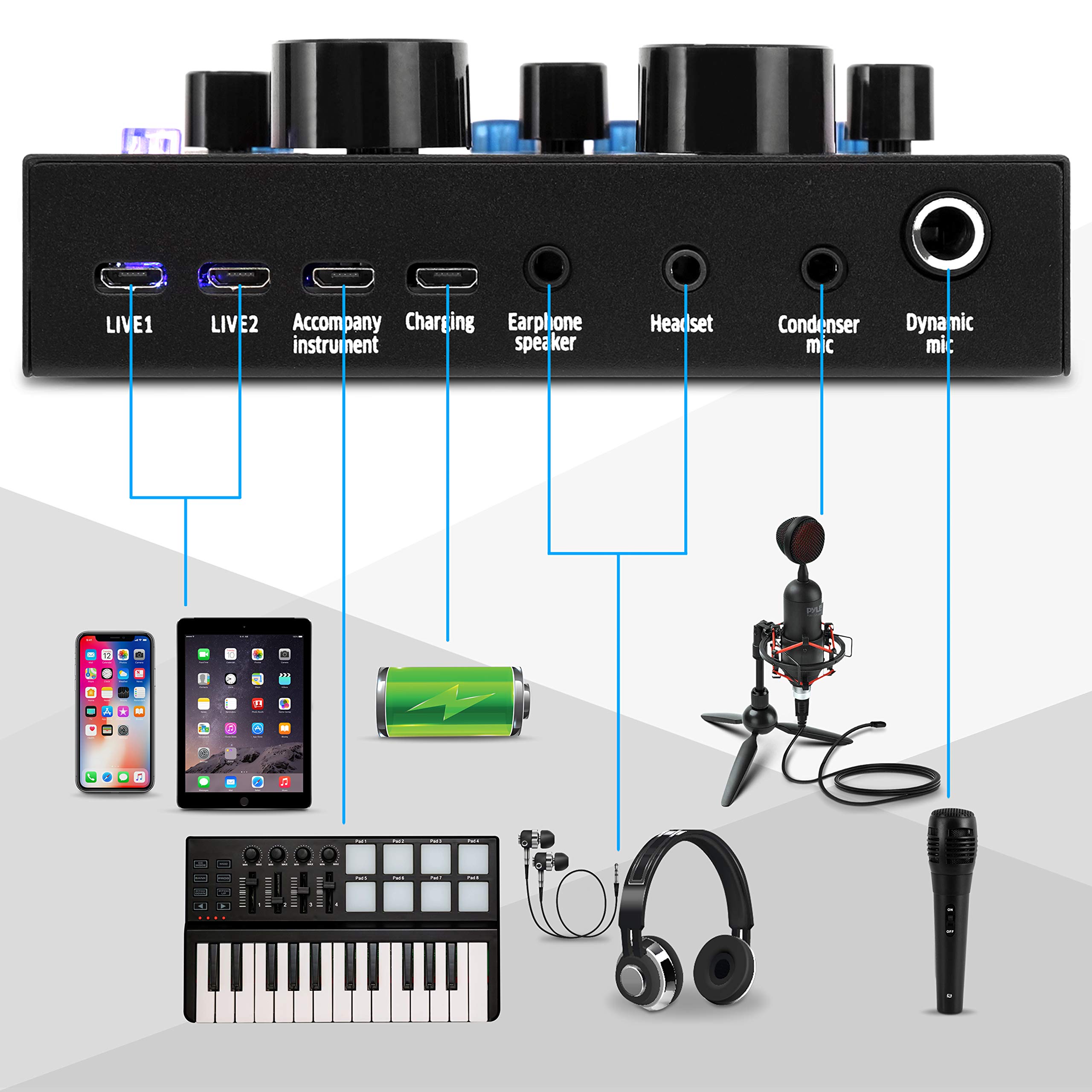 Pyle PKSCRD208 Bluetooth Mini Audio Interface Mixer - 2 Channels, DSP Noise Reduction, 6 Sound Modes, 12 Sound Effects, USB Connectivity, Compatible with Smartphone, PC, Laptop