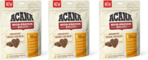 acana 3 pack of crunchy chicken liver high-protein biscuits, 9 ounces each, for medium to large dogs