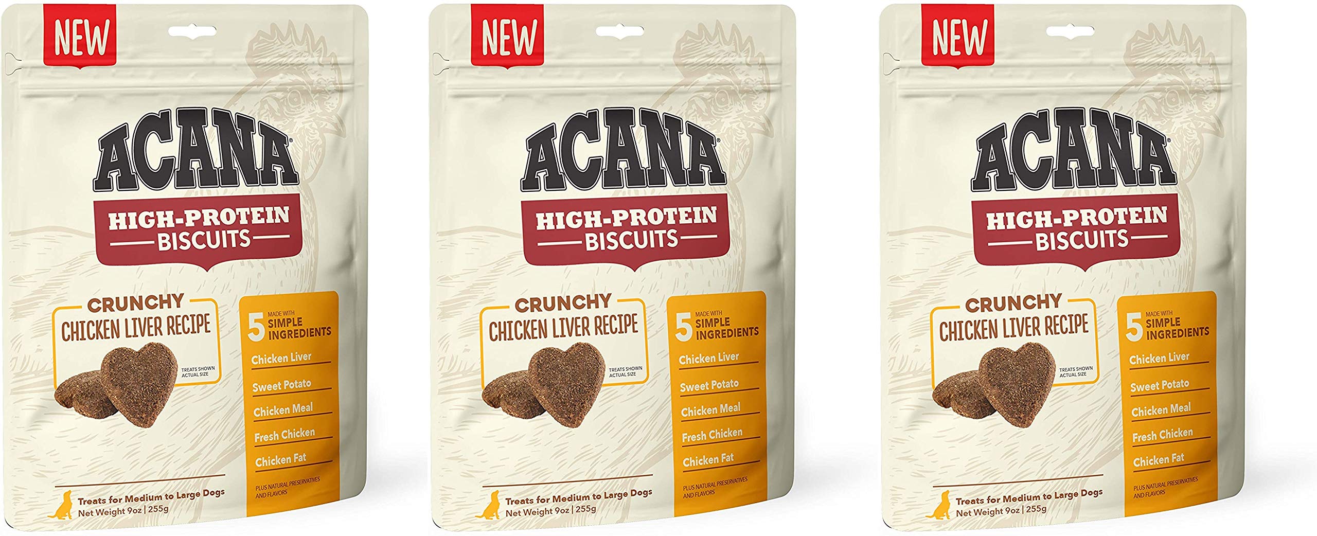 ACANA 3 Pack of Crunchy Chicken Liver High-Protein Biscuits, 9 Ounces Each, for Medium to Large Dogs