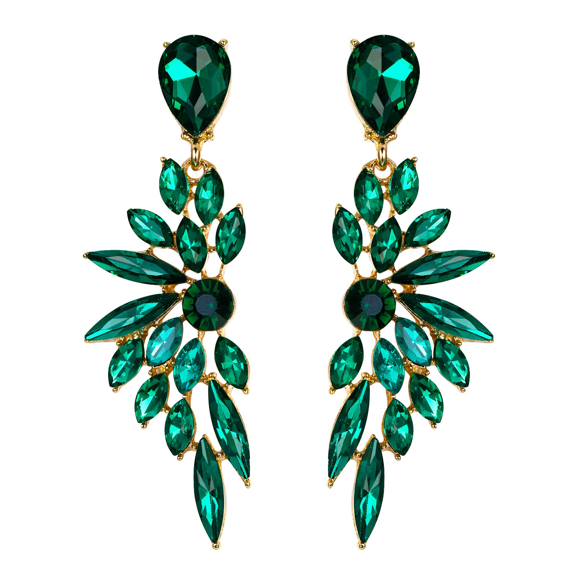 BriLove Women's Wedding Bridal Crystal Teardrop Multi Marquise Cluster Bling Dangle Earrings Emerald Color Gold-Toned