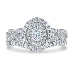 1ctw Oval Diamond Double Halo White Gold Engagement Ring and Wedding Band Set | Couture Collection - Size 6.5