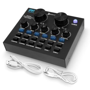 pyle pkscrd208 bluetooth mini audio interface mixer - 2 channels, dsp noise reduction, 6 sound modes, 12 sound effects, usb connectivity, compatible with smartphone, pc, laptop