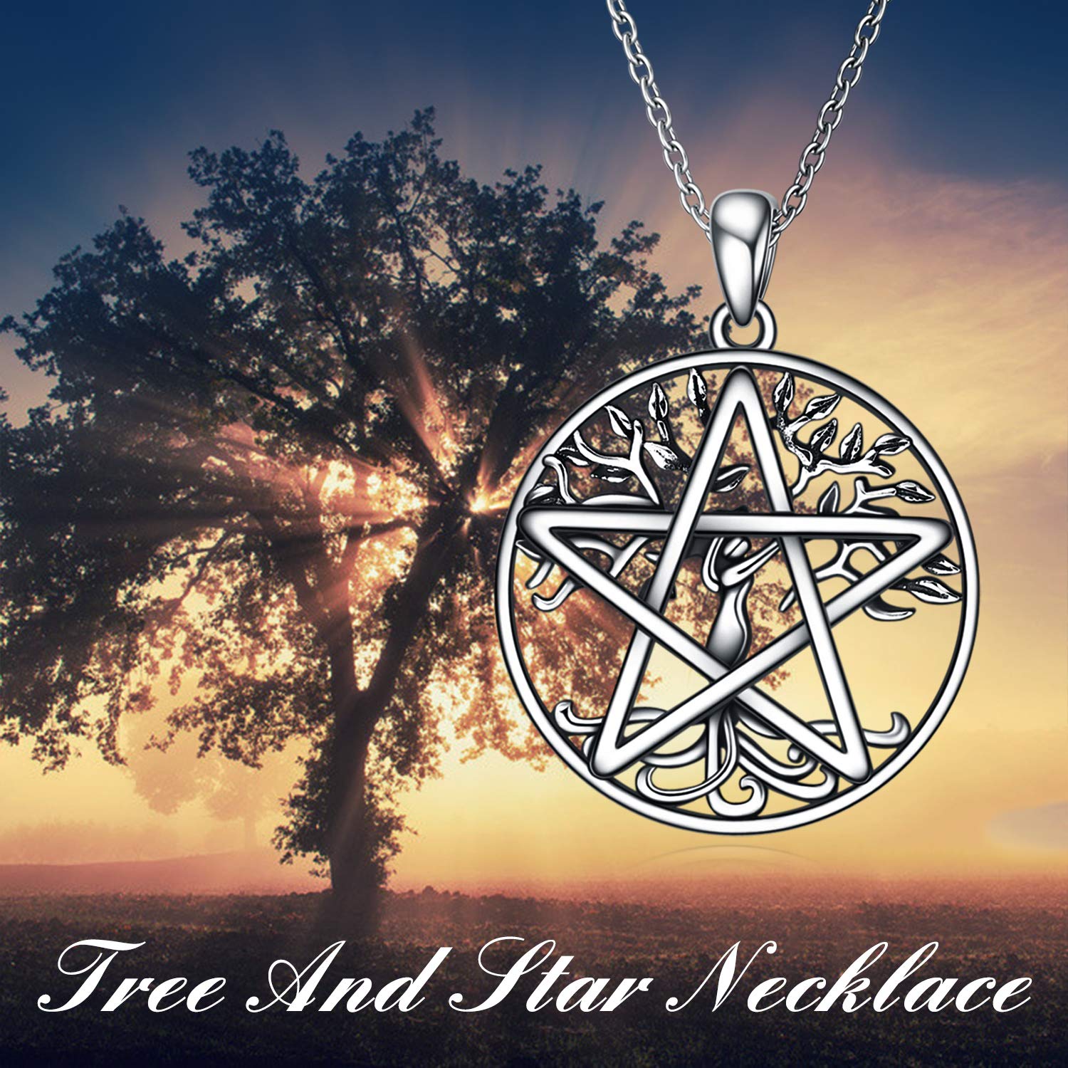 YFN Pentacle Pentagram Necklace Sterling Silver Tree of Life Pentacle Pentagram Pendant Necklace Pagan Witch Jewelry Gifts for Women Men