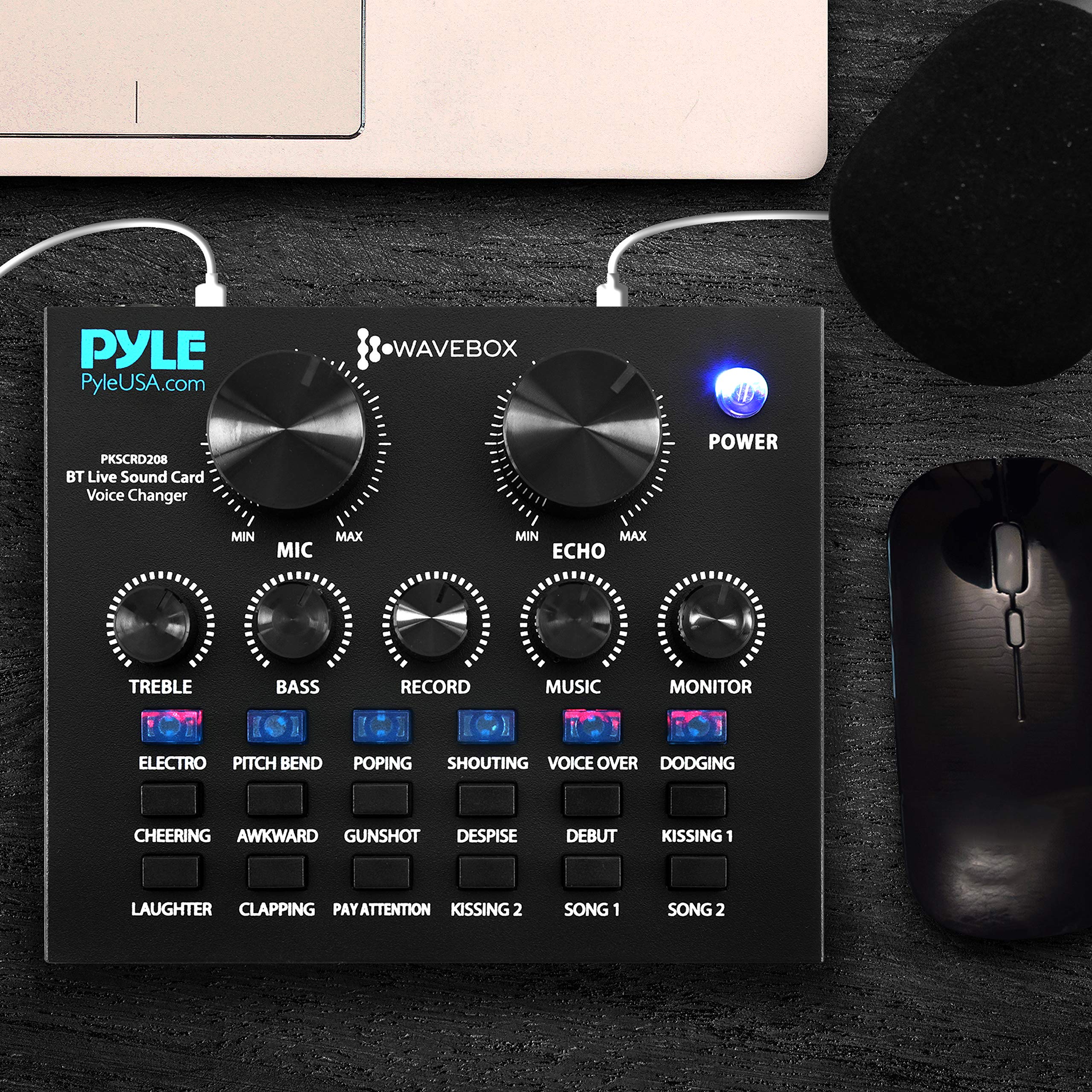 Pyle PKSCRD208 Bluetooth Mini Audio Interface Mixer - 2 Channels, DSP Noise Reduction, 6 Sound Modes, 12 Sound Effects, USB Connectivity, Compatible with Smartphone, PC, Laptop