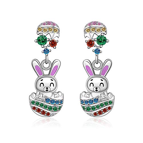 Easter Bunny Earrings Earring S925 Sterling Silver Cute Dangle for Women Colorful CZ Animal Egg