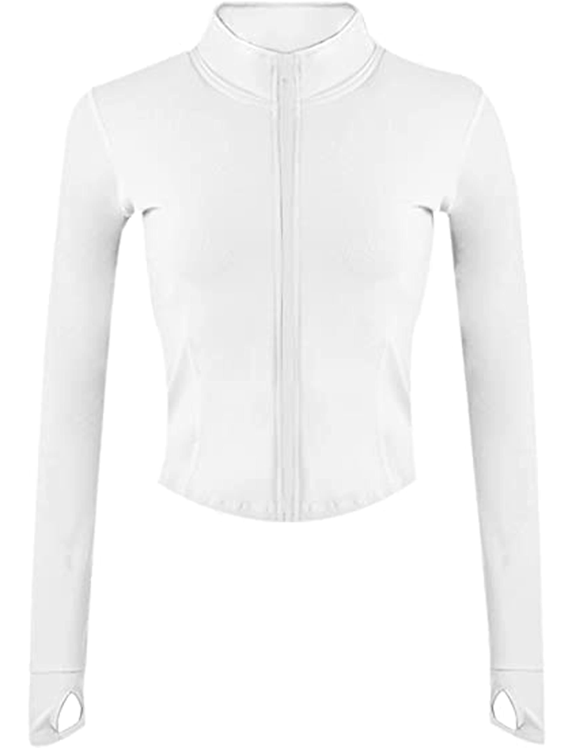 Yeokou Womens Active Zip Up Seamless Sports Running Track Jacket Tops with Thumbhole（White-M）