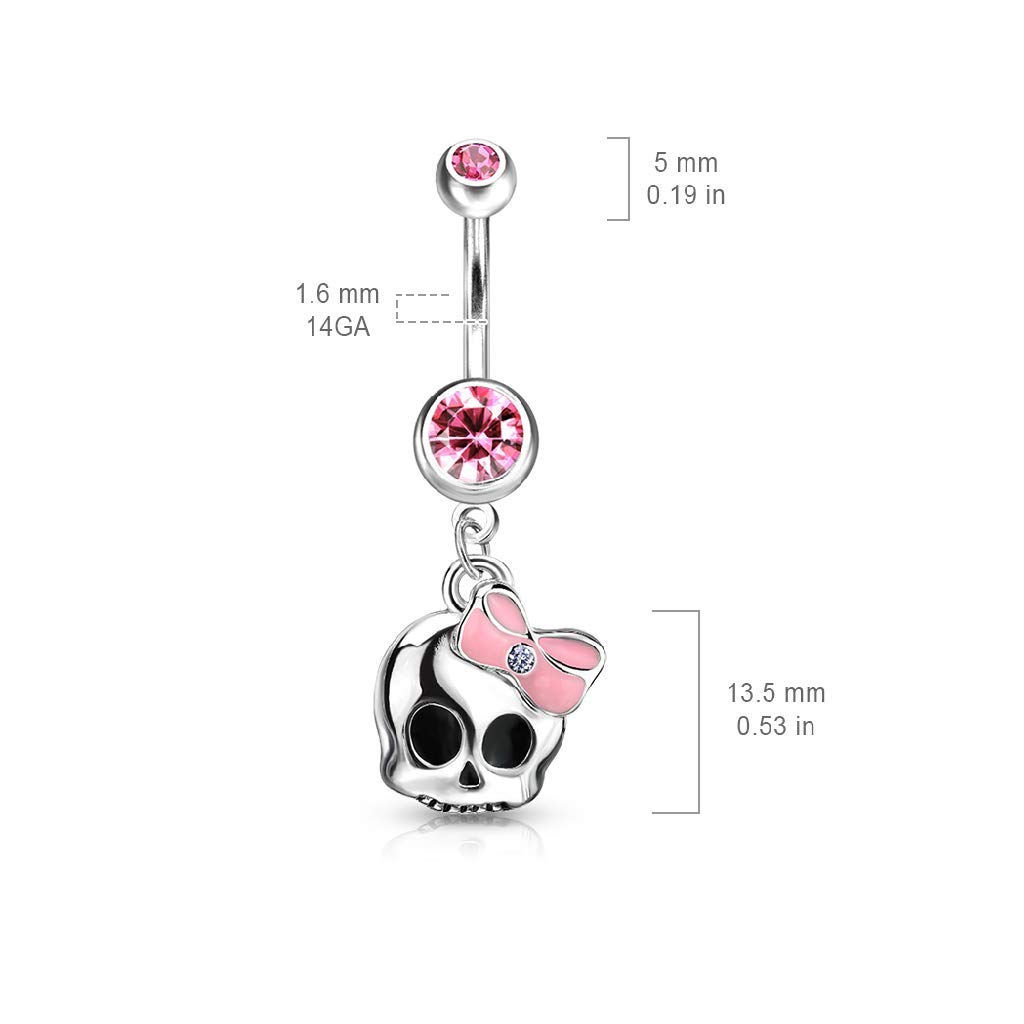 14G 316L Surgical Steel Cute Skull with Paved Gem and Epoxy Bow Navel Belly Ring