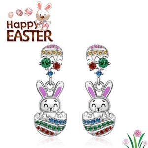 Easter Bunny Earrings Earring S925 Sterling Silver Cute Dangle for Women Colorful CZ Animal Egg