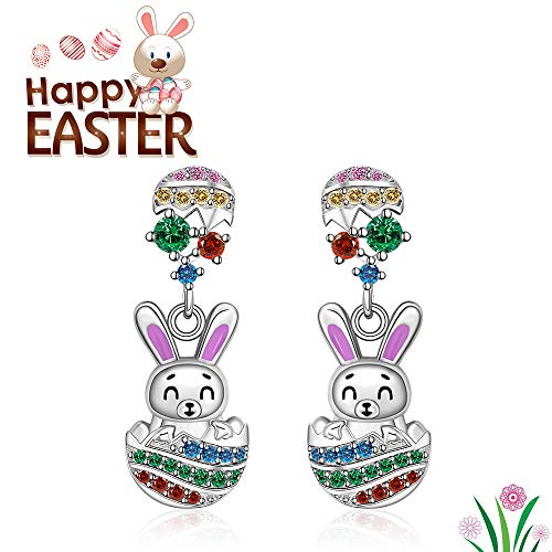 Easter Bunny Earrings Earring S925 Sterling Silver Cute Dangle for Women Colorful CZ Animal Egg