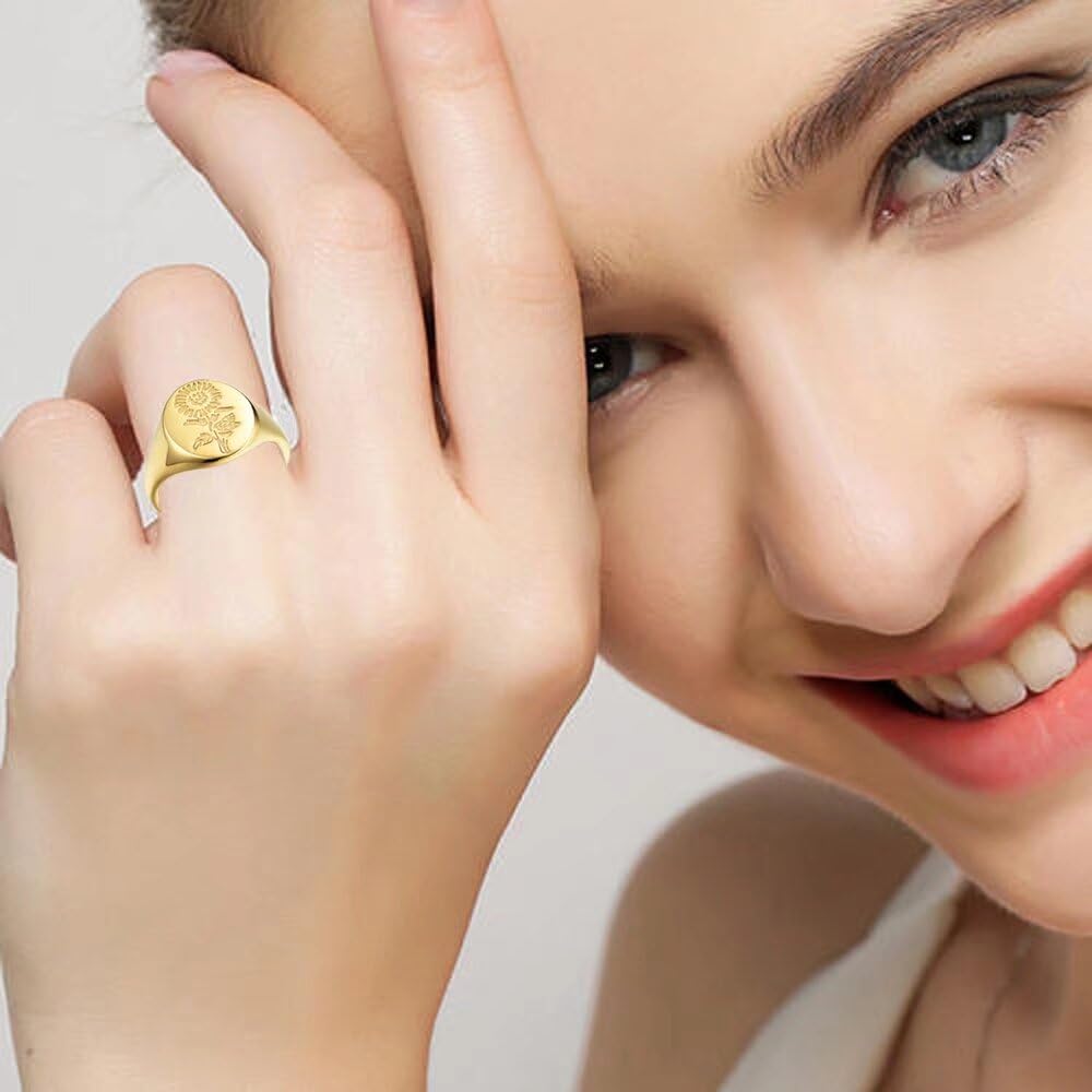 BAOWING Sunflower Rings for Women | Gold Chunky Dome Signet Ring | Stainless Steel Minimalistic Statement Jewelry Gift 18K Gold Size 5